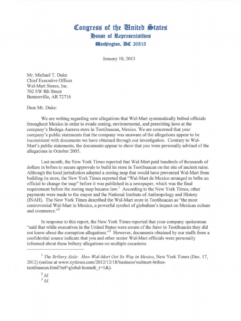 Letter WalMart Official Bribery Allegations 2012-1-10 0 | Walmart ...