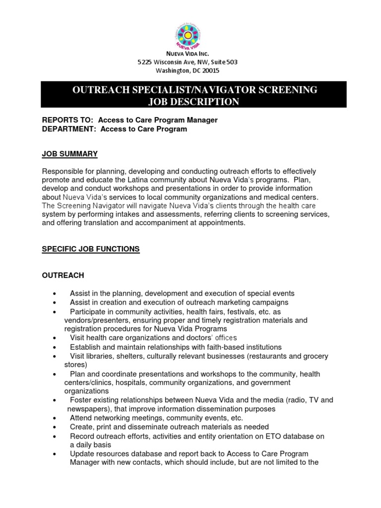 Nueva Vida Outreach Specialist Job Description | PDF | Health Care ...