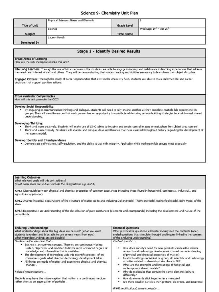 Science 9-Chemistry Unit Plan | PDF | Chemical Substances | Chemical ...