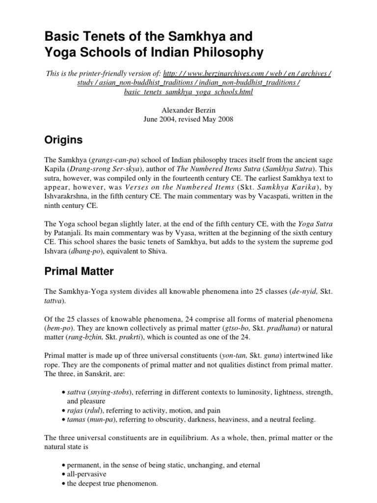 Basic Tenets of The Samkhya and Yoga Schools of Indian Philosophy | PDF ...