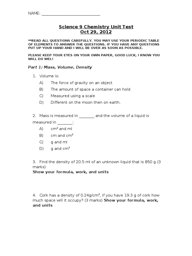 LAUREN's Science 9 Chemistry Unit Test | PDF | Matter | Mixture