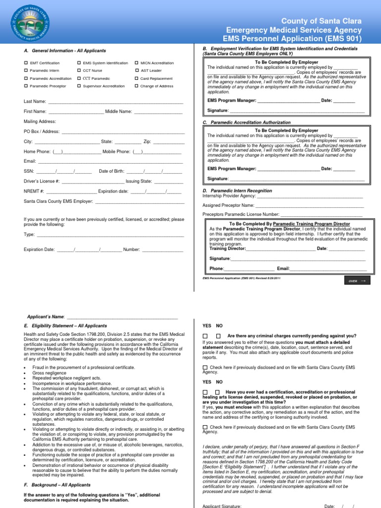 Application for EMS Personnel Credentials in Santa Clara County | PDF ...