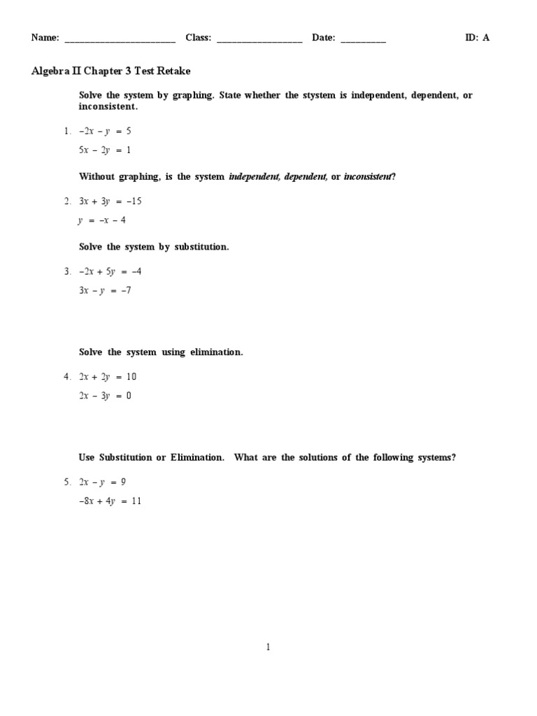 Algebra II Chapter 3 Test Retake | PDF | System Of Linear Equations ...