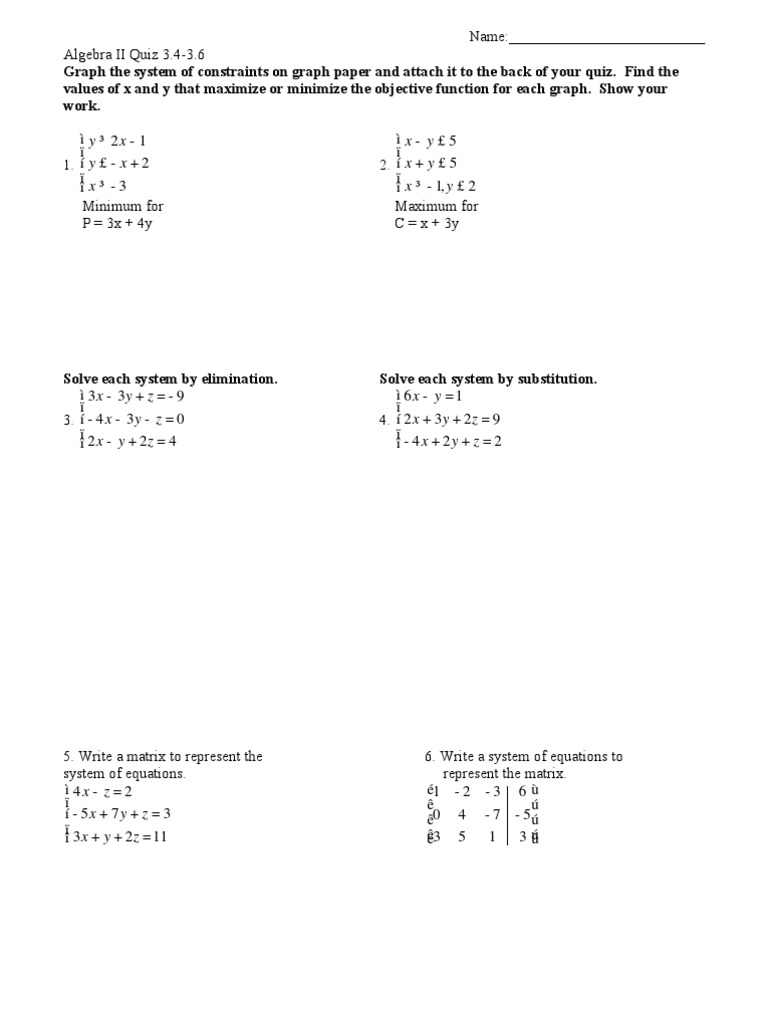 Algebra II Chapter 3.4-3.6 Quiz | PDF