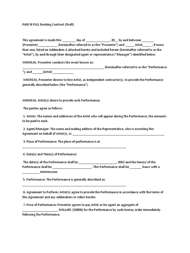 Artist Booking Contract | PDF | Indemnity | Private Law