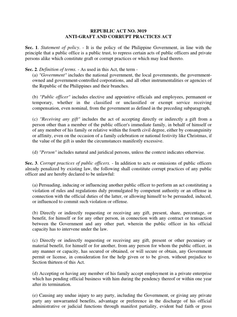 RA 3019 Anti Graft and Anti Corrupt Practices Act | PDF | Crime ...