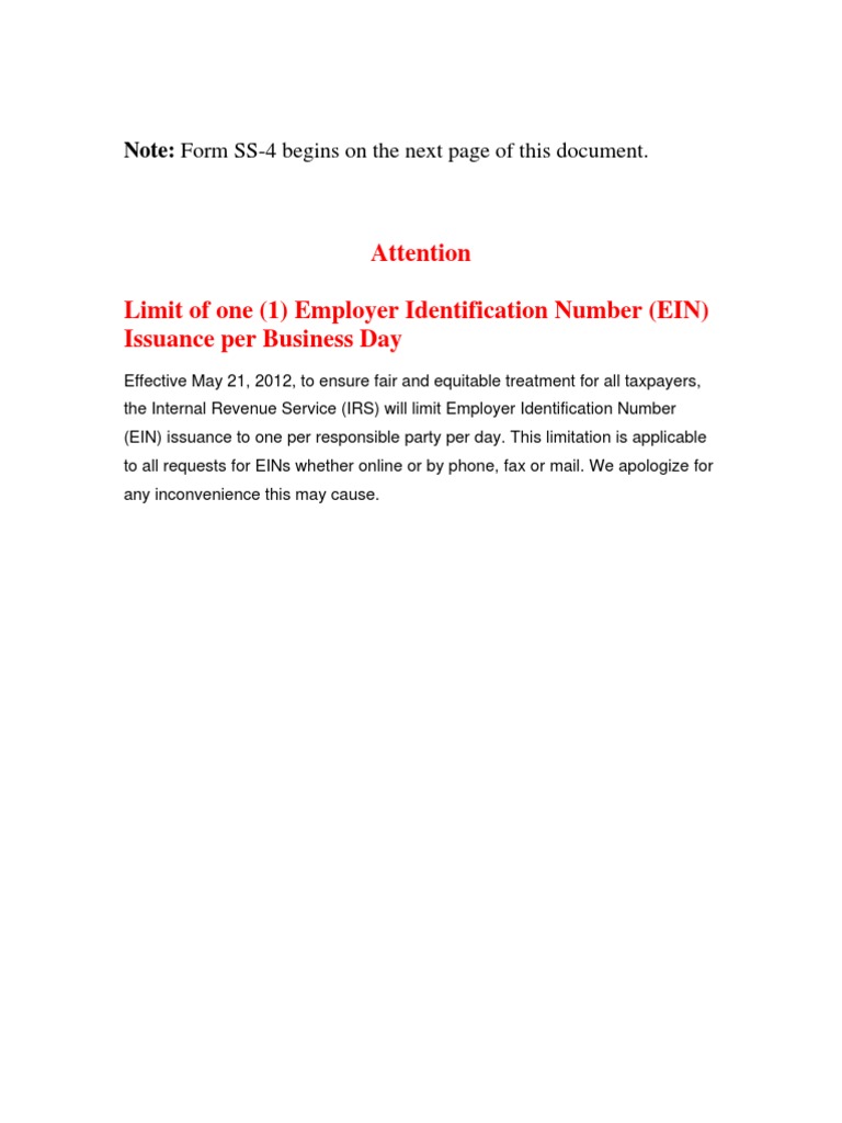 Attention Limit of One (1) Employer Identification Number (EIN ...