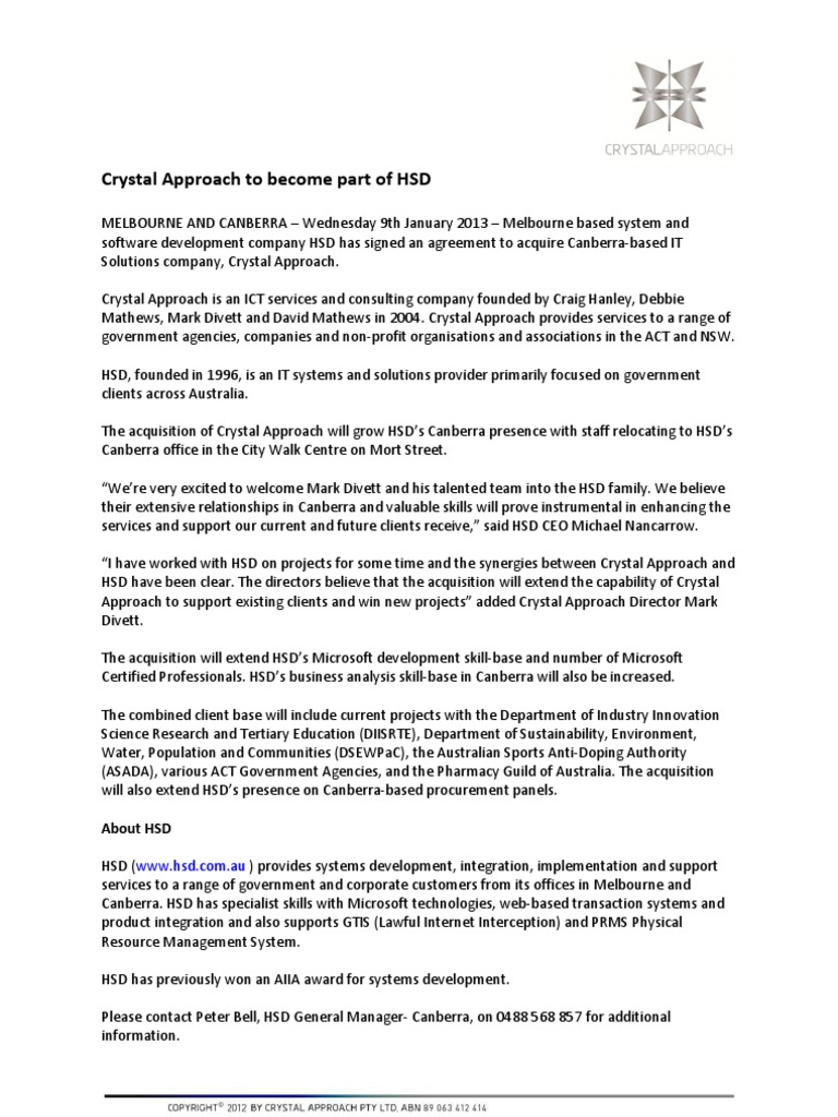 Crystal Approach Press Release | PDF | Mergers And Acquisitions | Melbourne