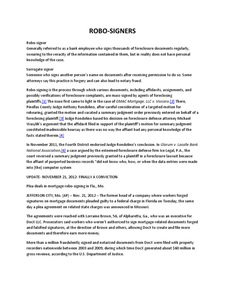 Robo-Signing: Legal Implications and Cases | PDF | Foreclosure | Mortgages