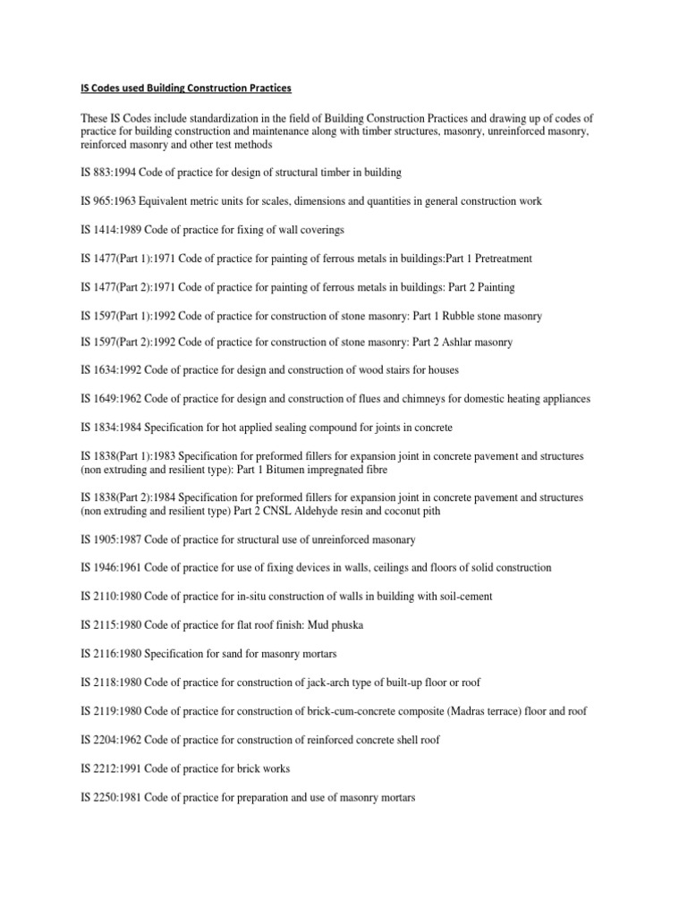 IS Codes For Building Construction Practice | PDF | Roof | Masonry