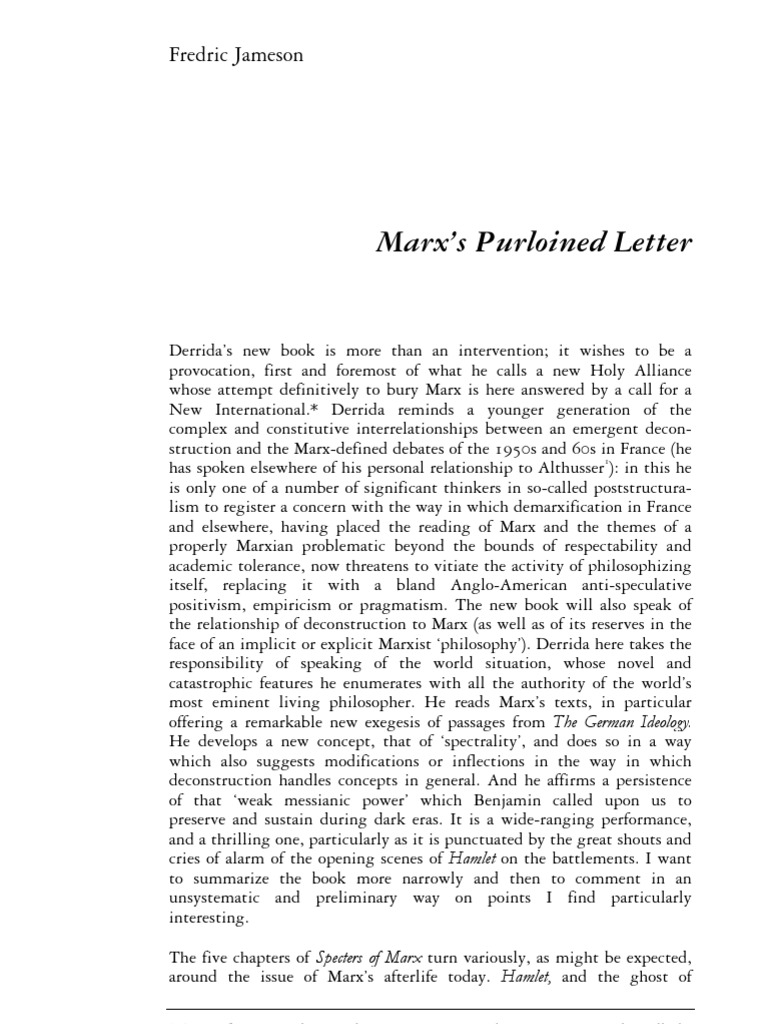 Jameson - Marx's Purloined Letter | PDF | Deconstruction | Jacques Derrida