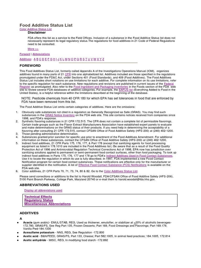 FDA Food & Color additives list | Federal Food | Food And Drug ...