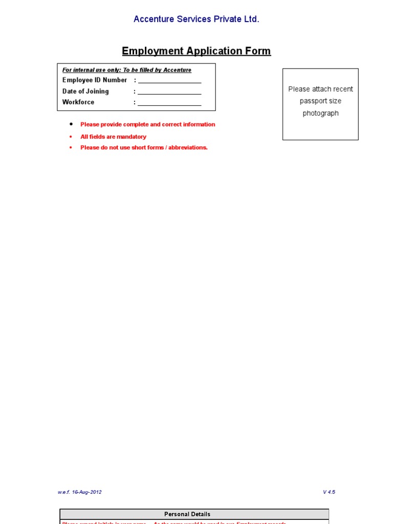 Employment Application Form: Accenture Services Private LTD | PDF ...