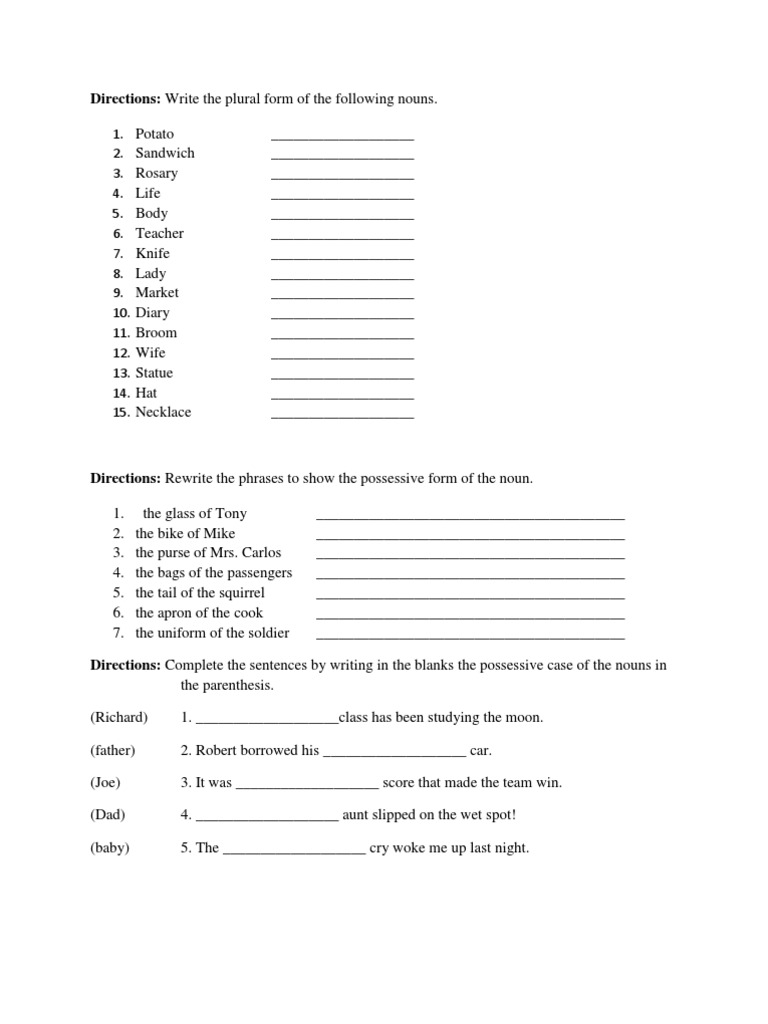 Directions: Write The Plural Form of The Following Nouns | PDF ...