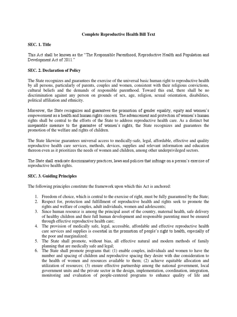 Complete Reproductive Health Bill Tex | PDF | Reproductive Health ...