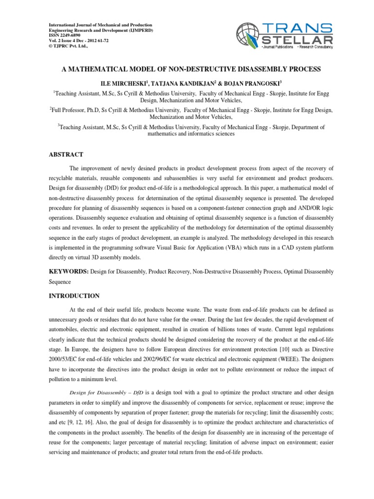 A Mathematical Model of Non-Destructive Disassembly Process | PDF ...