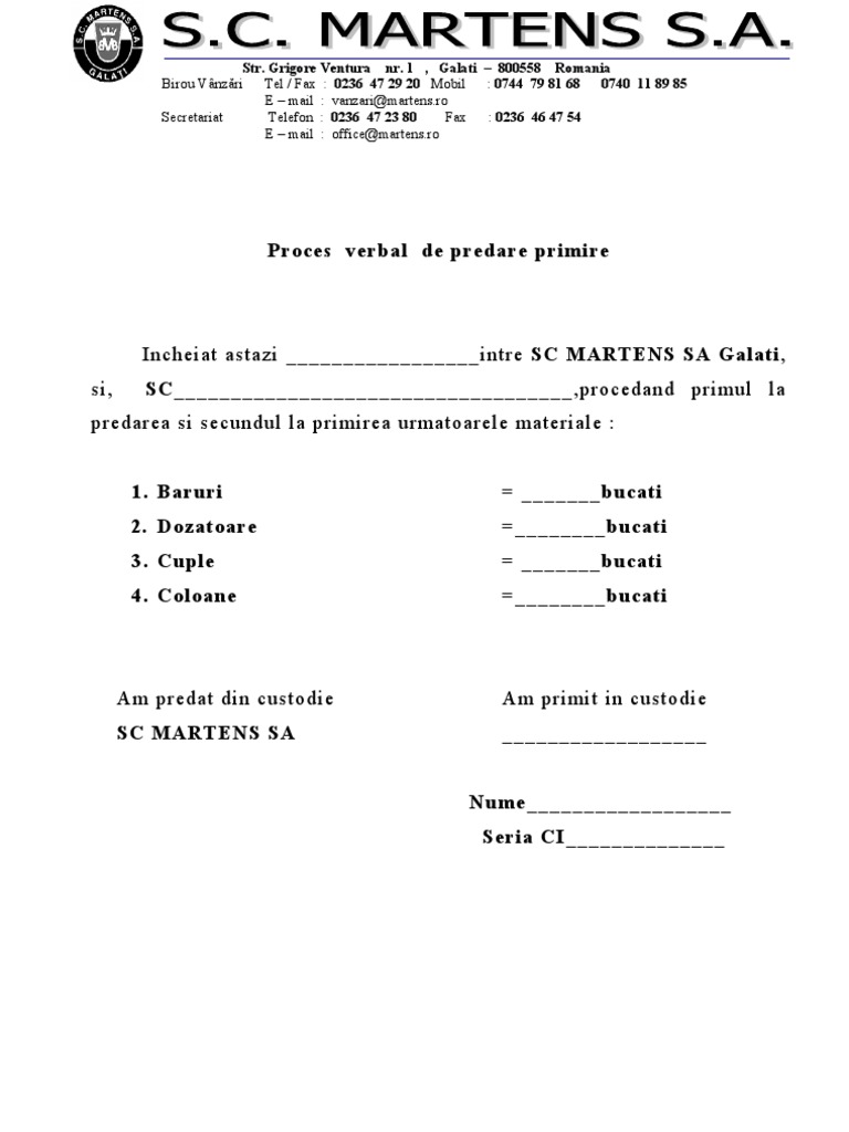 Proces Verbal Predare primire