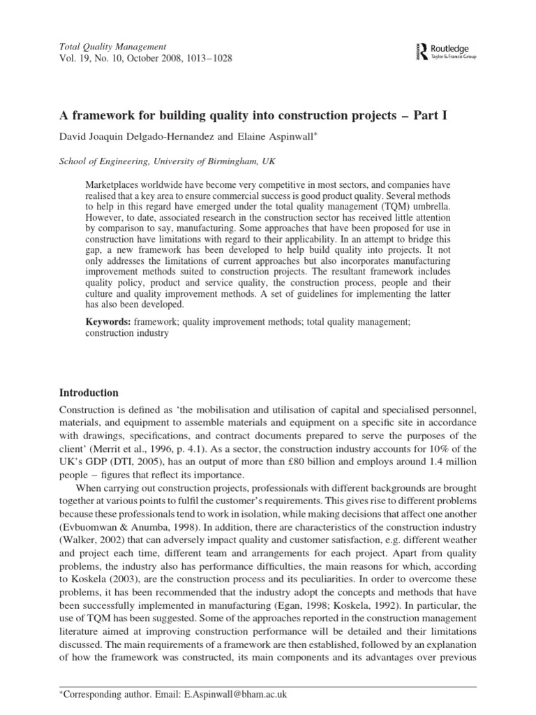 A Framework For Building Quality Into Construction Projects - Part I ...
