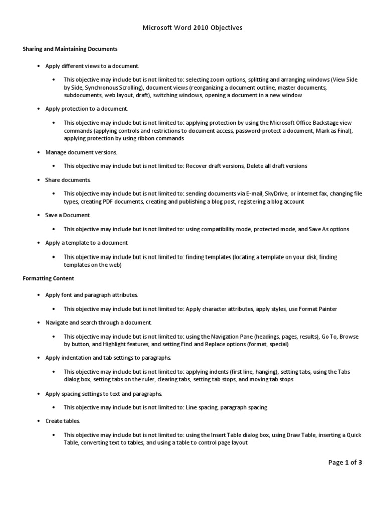 Word 2010 Objectives | Microsoft Word | Computing