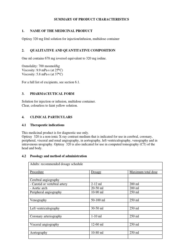 Summary of Product Characteristics for Optiray 320 mg I/ml Solution for ...