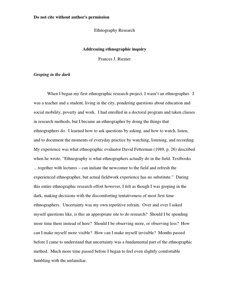 Ethnography Research Pdf Ethnography Field Research
