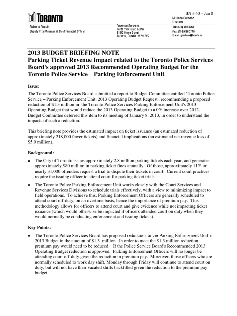 2013 City of Toronto Budget Briefing Note | PDF | Traffic Ticket | Toronto