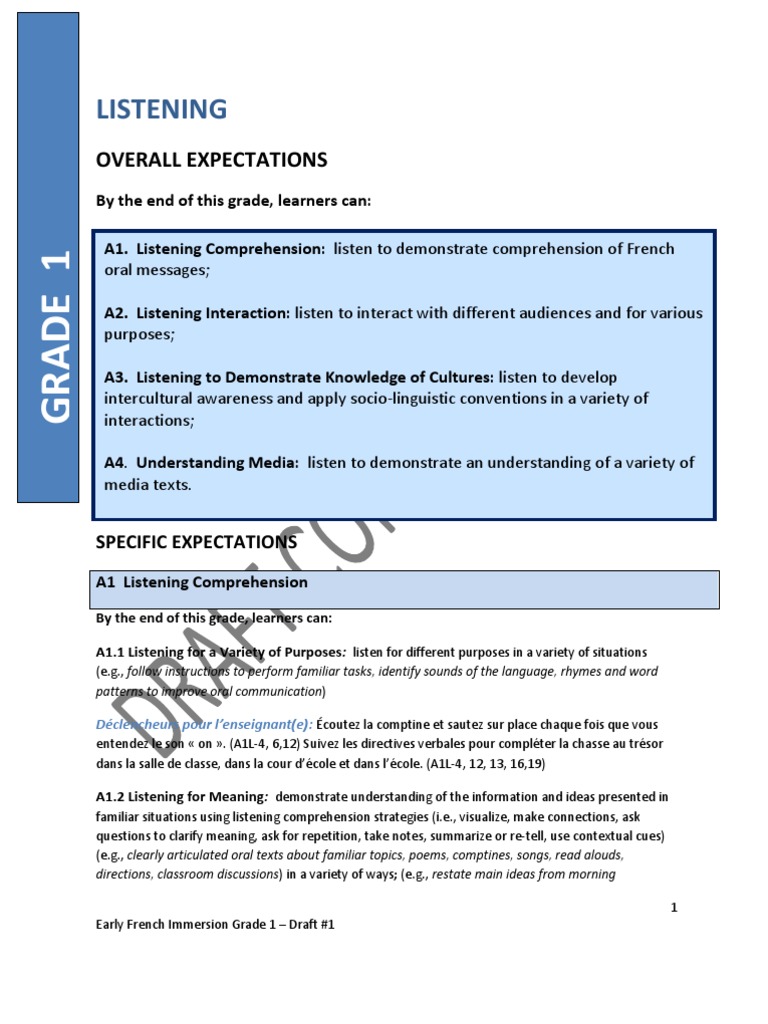 Grade 1 French Immersion Listening & Speaking Guide | PDF | Language ...