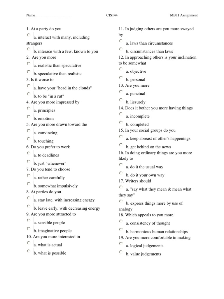 Fun MBTI Questionnaire for Students | PDF | Personality Type | Psychology