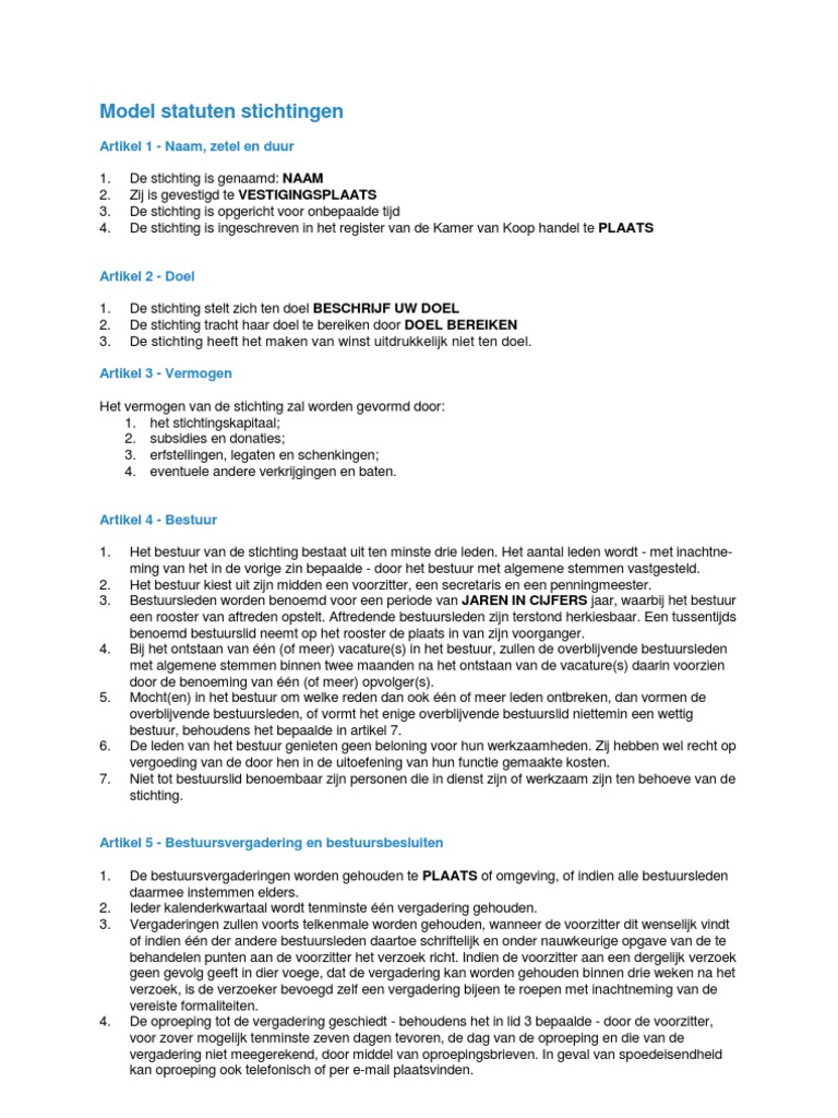 Model Statuten Stichting | PDF