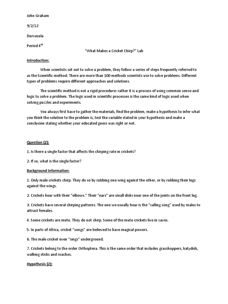 What Makes A Cricket Chirp Lab | PDF | Humidity | Scientific Method What Makes A Cricket Chirp Lab | PDF | Humidity | Scientific Method