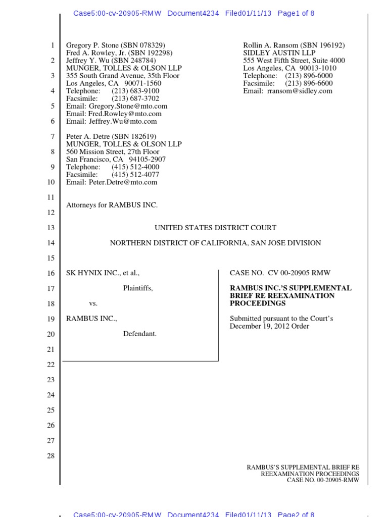 Rambus Inc.'S Supplemental Brief Re Reexamination Proceedings | PDF ...