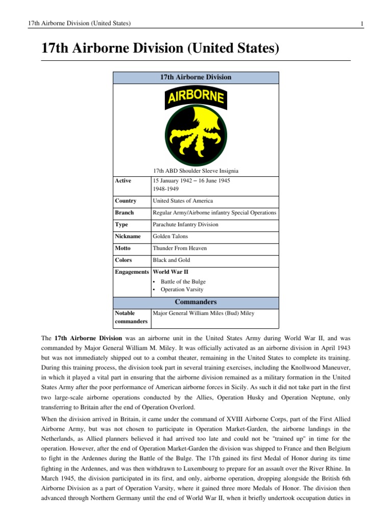 17th Airborne Division (United States) | PDF | Airborne Forces ...