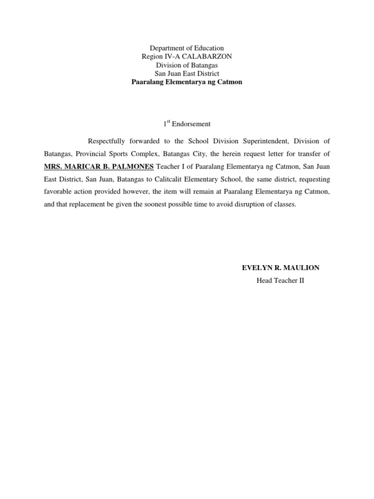 Endorsement Letter for Teacher Transfer | PDF
