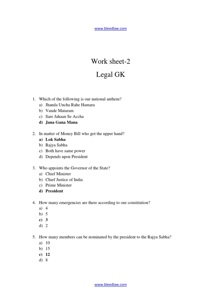 Work Sheet-2 Legal GK: D) Jana Gana Mana | PDF | Supreme Court Of India ...
