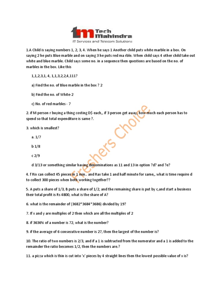 Tech Mahindra Placement Paper - Freshers Choice | PDF | Numbers | Arithmetic