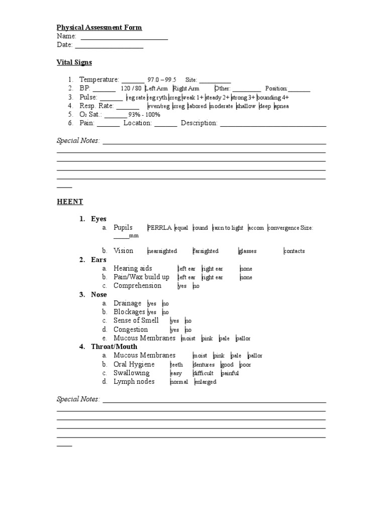 Physical Assessment Form: Special Notes | PDF | Body Mass Index | Obesity