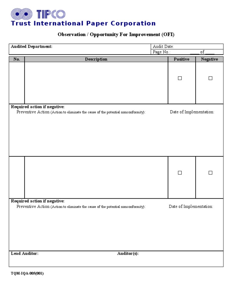 (TQM IQA 005 (001) ) Observations OFI Report Form | PDF