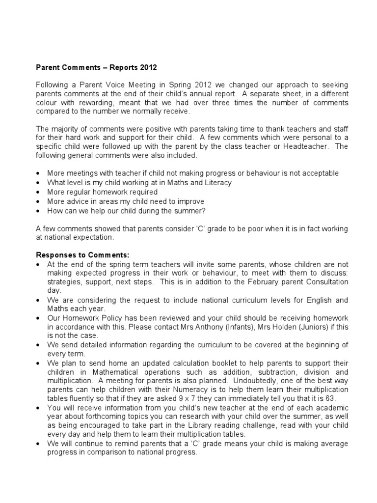 Parent Comments - Reports 2012 | PDF | Teachers | Curriculum