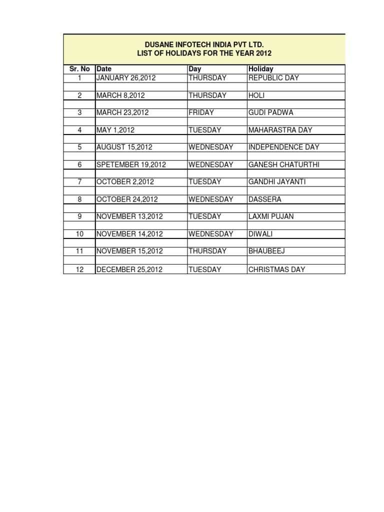 2012 Holiday Calendar | PDF