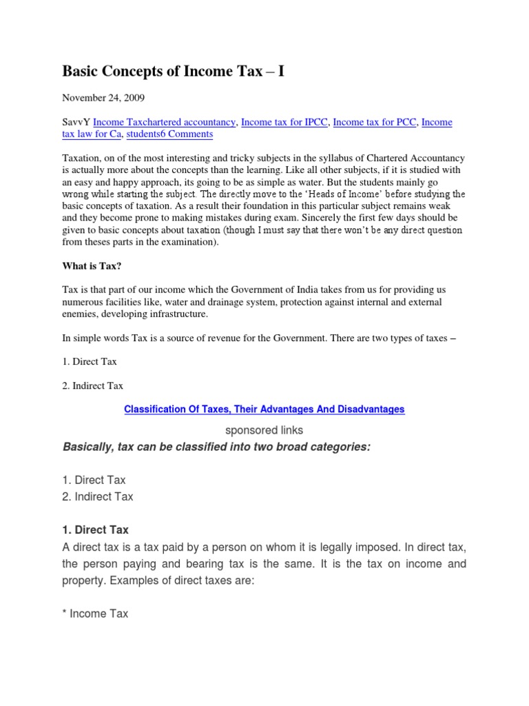 Basic Concepts of Income Tax - Direct vs Indirect Taxes | PDF ...