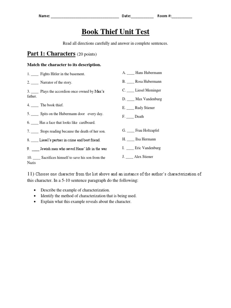 Book Thief Unit Test | PDF