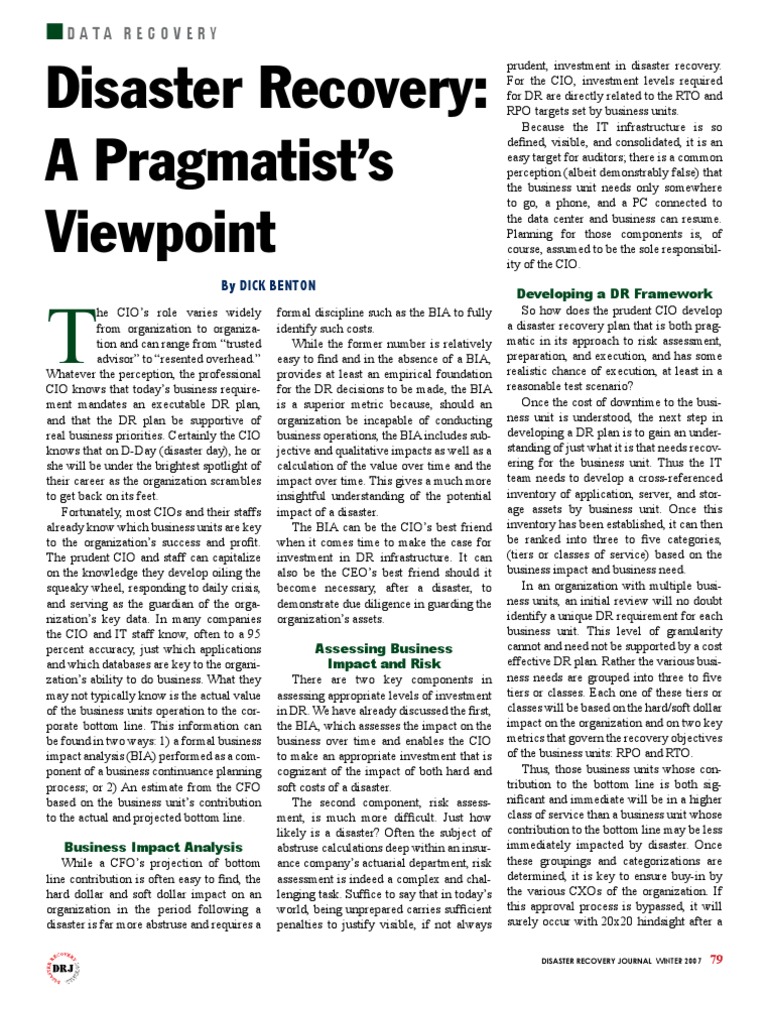 Disaster Recovery: A Pragmatist's Viewpoint | PDF | Disaster Recovery ...