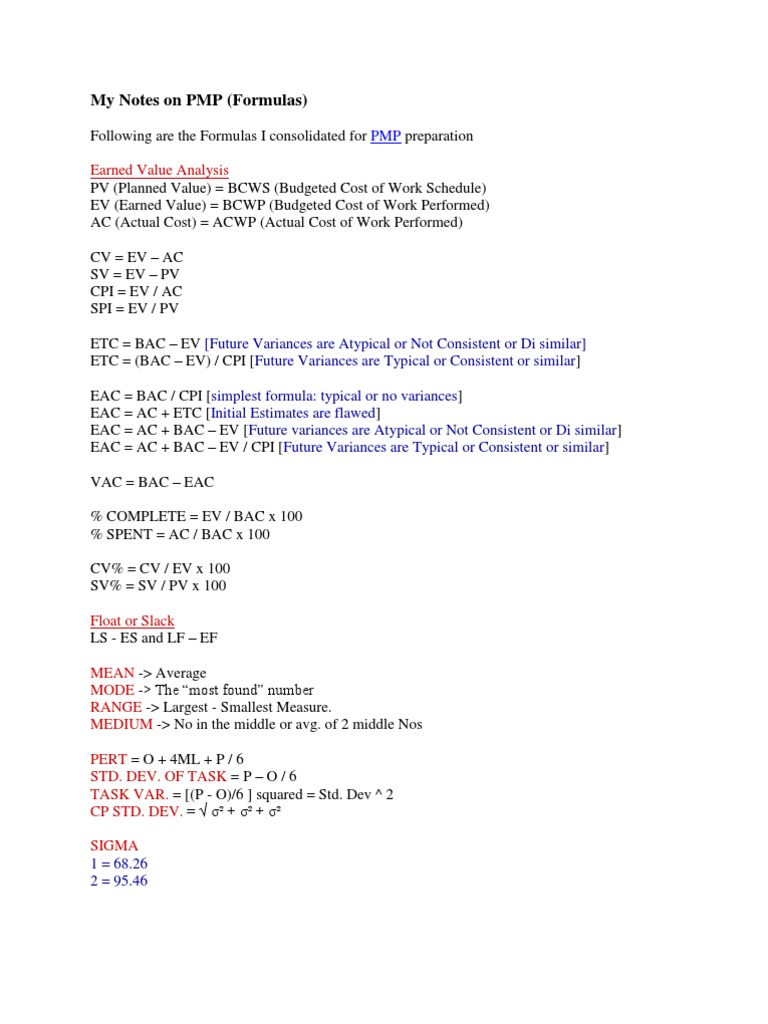 My Notes On PMP (Formulas) : Earned Value Analysis | PDF | Net Present ...