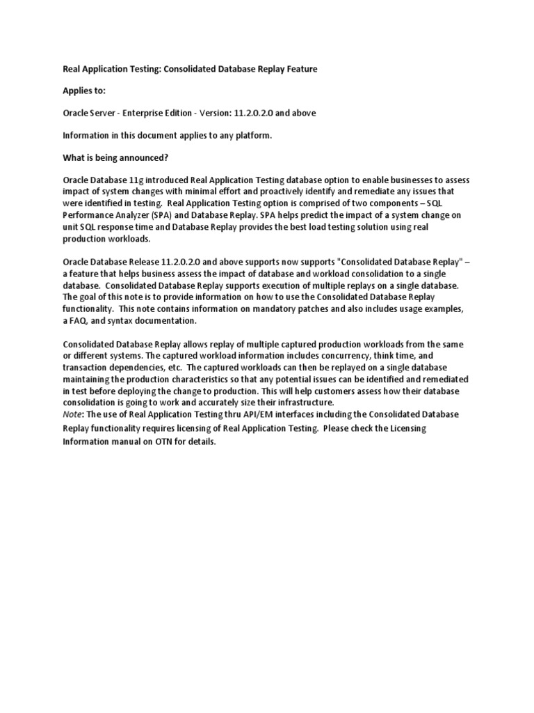 Real Application Testing Consolidated Database Replay Feature Pdf Oracle Database Databases