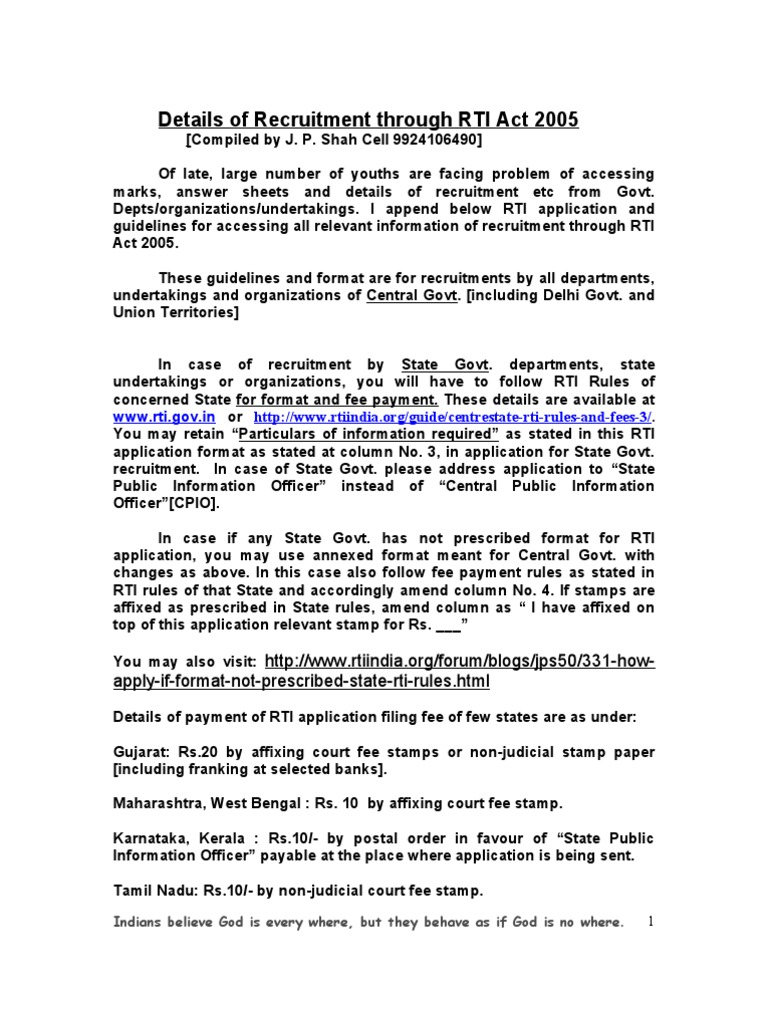 Details of Recruitment Through RTI Act 2005: Apply-If-Format-Not-Prescribed-State-Rti-Rules ...
