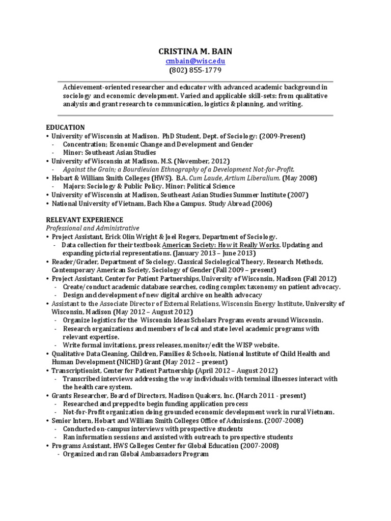 Bain CV | PDF | University Of Wisconsin–Madison | Sociology