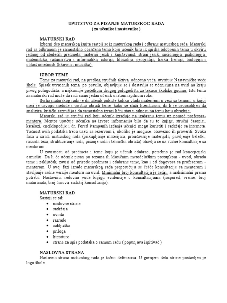 Uputstvo Za Pisanje Maturskog Rada | PDF