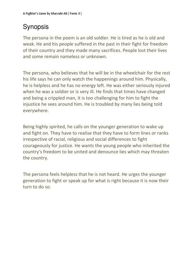 Synopsis: A Fighter's Lines by Marzuki Ali (Form 3) | PDF | Poetry