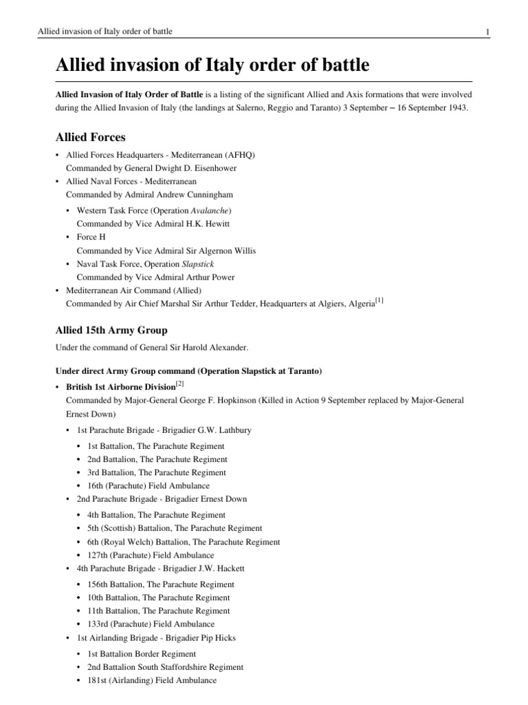 Allied invasion of Italy order of battle | Regiment | Battalion