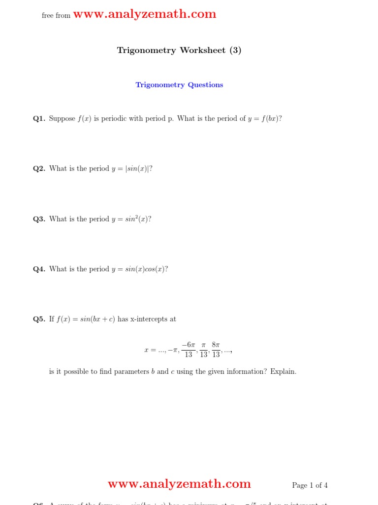 Trigonometry Periodicity Questions Worksheet | PDF | Teaching Methods ...